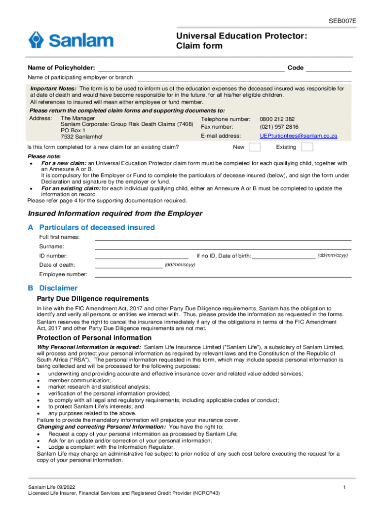 Fillable Online app sanlam co Universal Education Protector: Claim form ...
