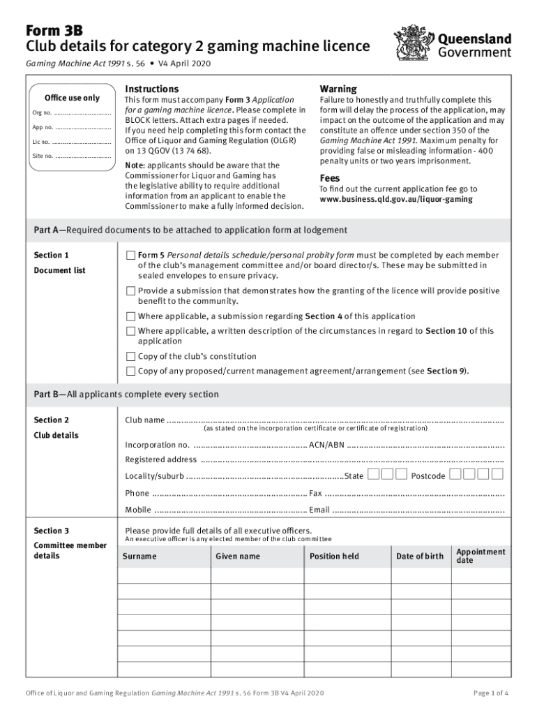 Fillable Online Form 3BClub details for category 2 gaming machine ...