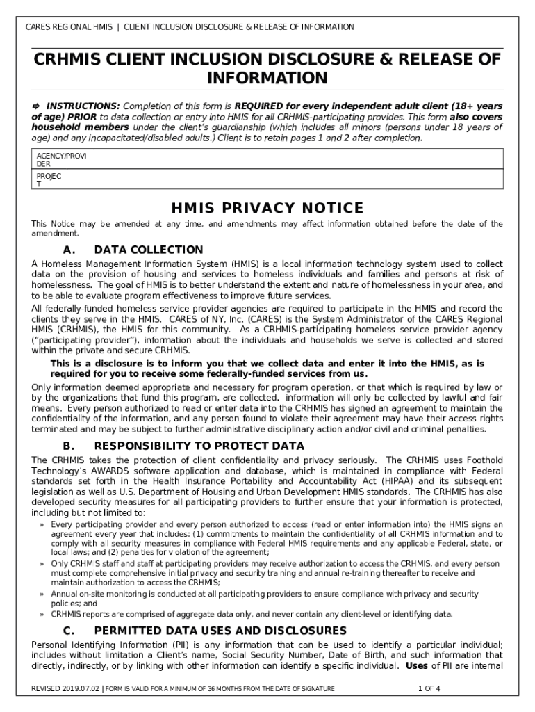 CRHMIS Inclusion Disclosure & Release of Ination Doc Template | pdfFiller