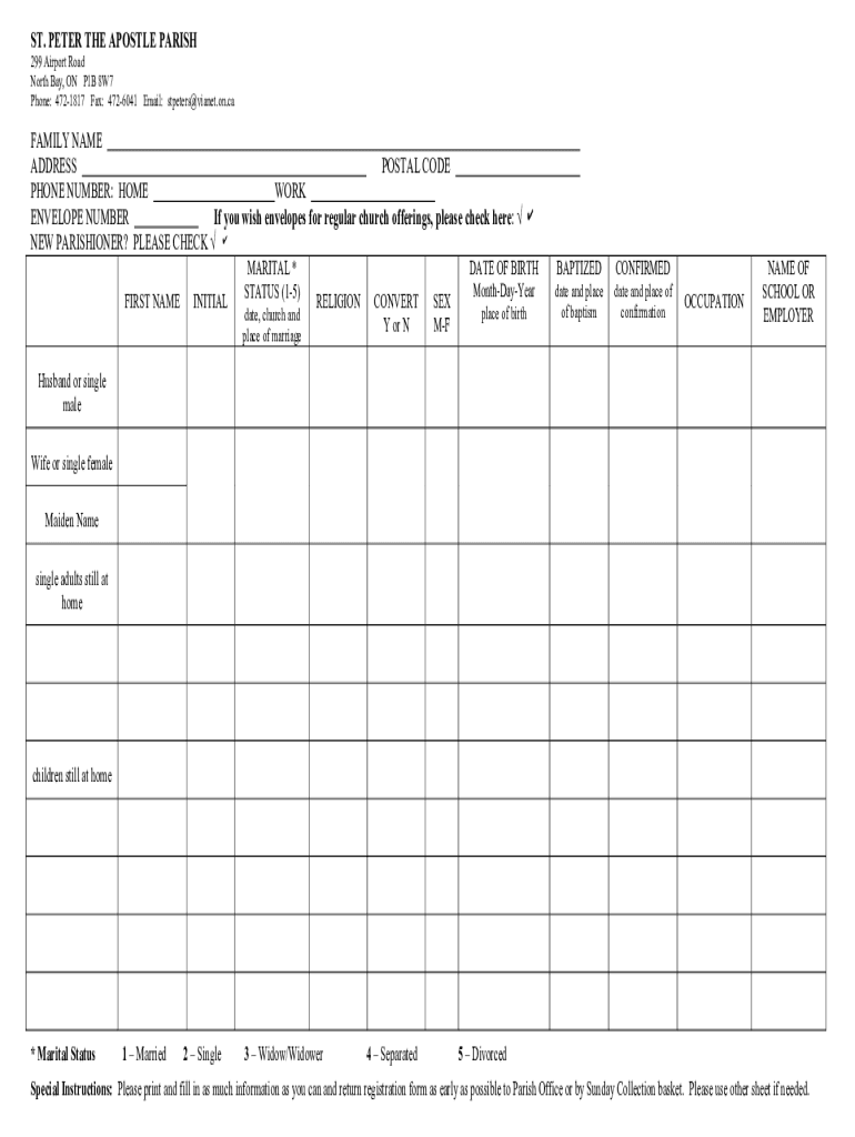 Fillable Online St Peters the Apostle Roman Catholic Church - North Bay ...