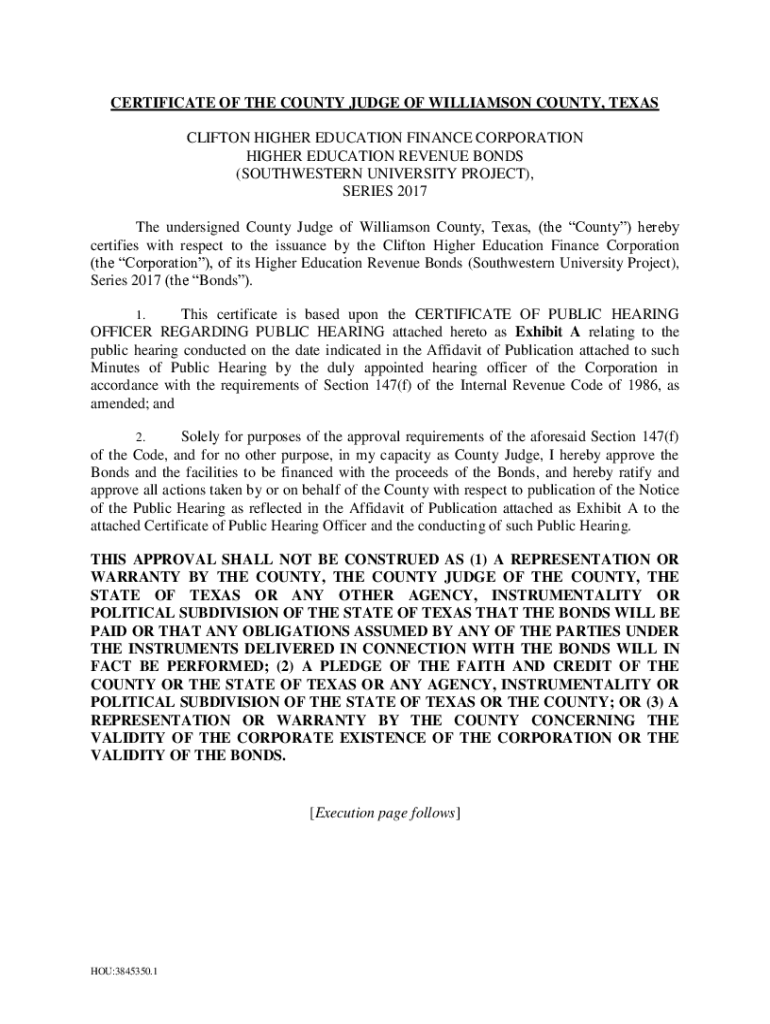 Fillable Online certificate of the county judge of williamson county, texas Fax Email Print ...
