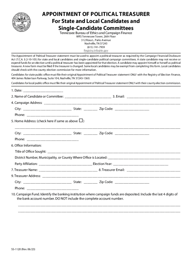 Fillable Online APPOINTMENT OF POLITICAL TREASURER For State ... Fax ...