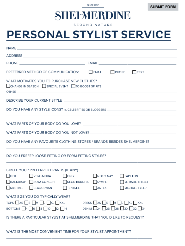 Fillable Online Personal Stylist Service Questionnaire (Email) Fax ...