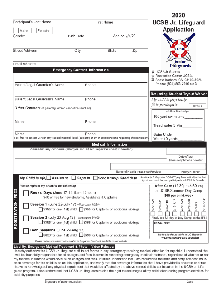 Fillable Online 2020 UCSB Jr. Lifeguard Application Fax Email Print ...