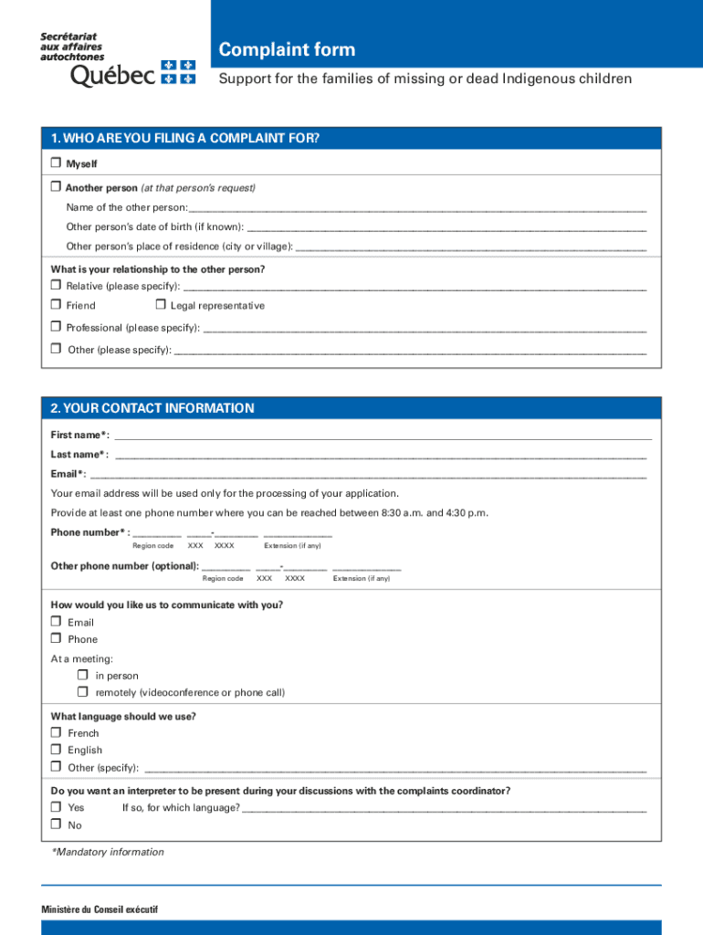 Fillable Online Complaint form, suppor for the families of missing or ...