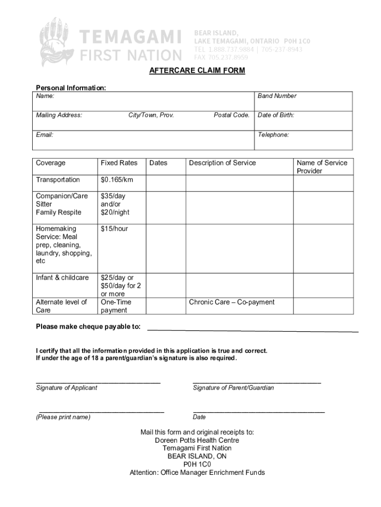 Fillable Online AFTERCARE CLAIM FORM Fax Email Print - pdfFiller