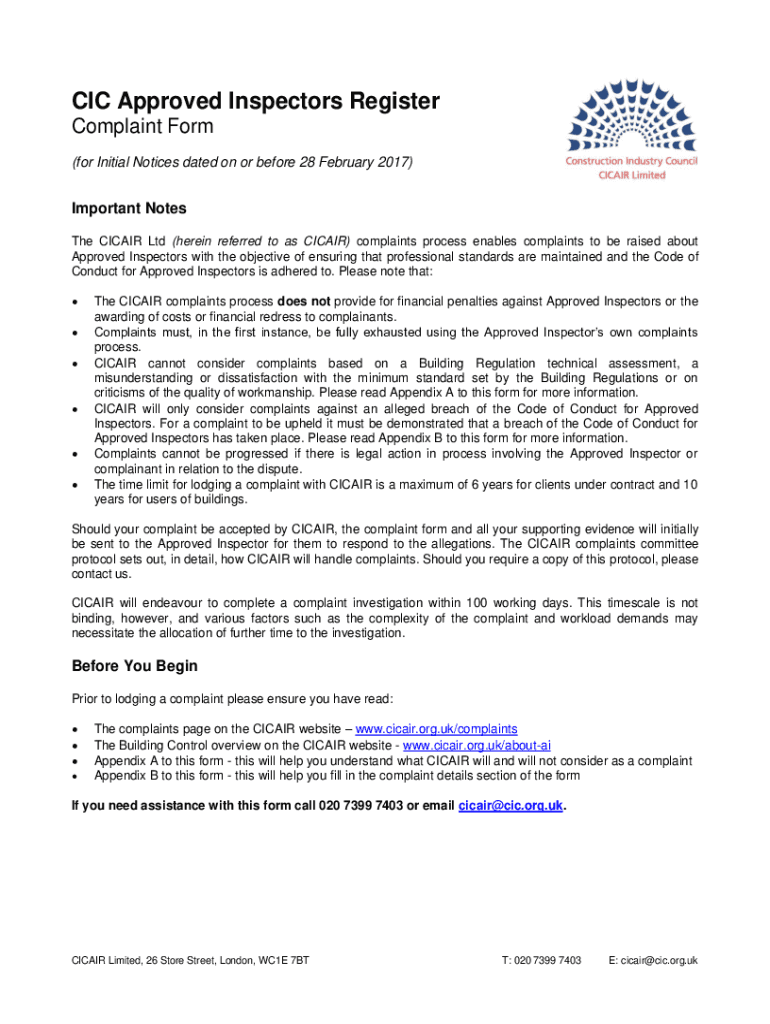 Fillable Online CIC Approved Inspectors Register (CICAIR) Complaint ...