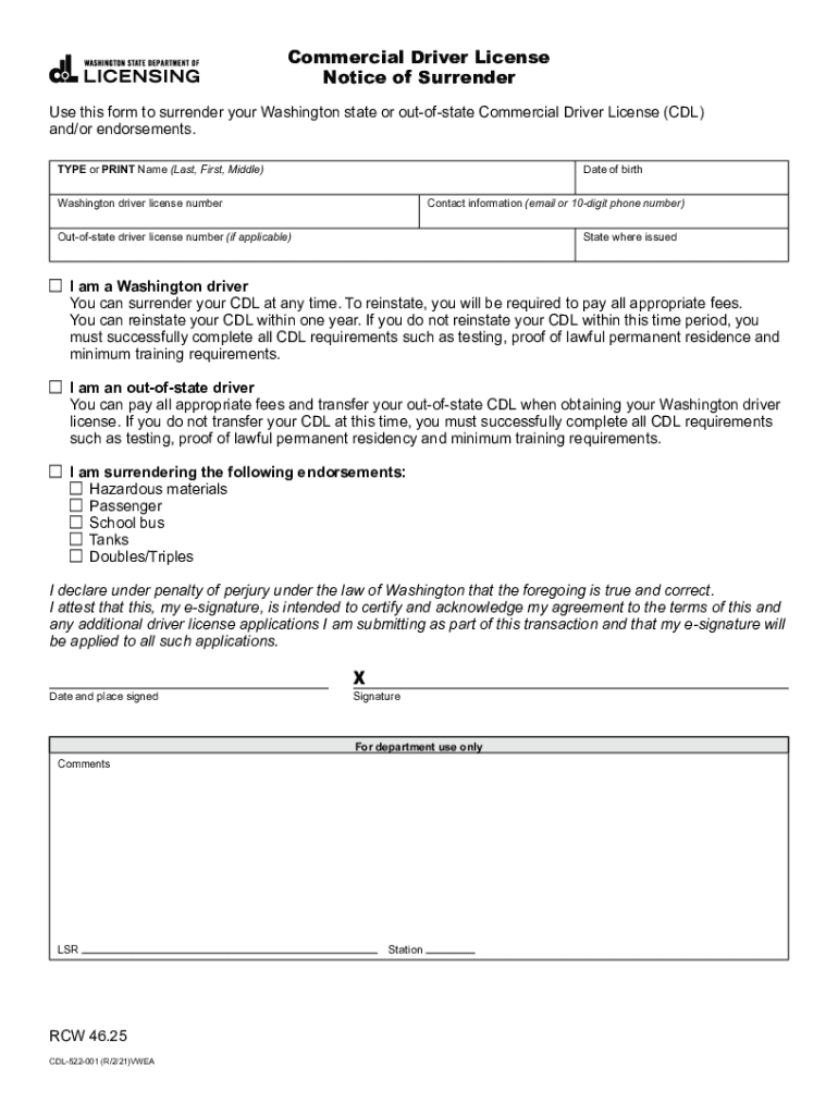 Fillable Online Commercial Driver License Notice of Surrender. Use this ...