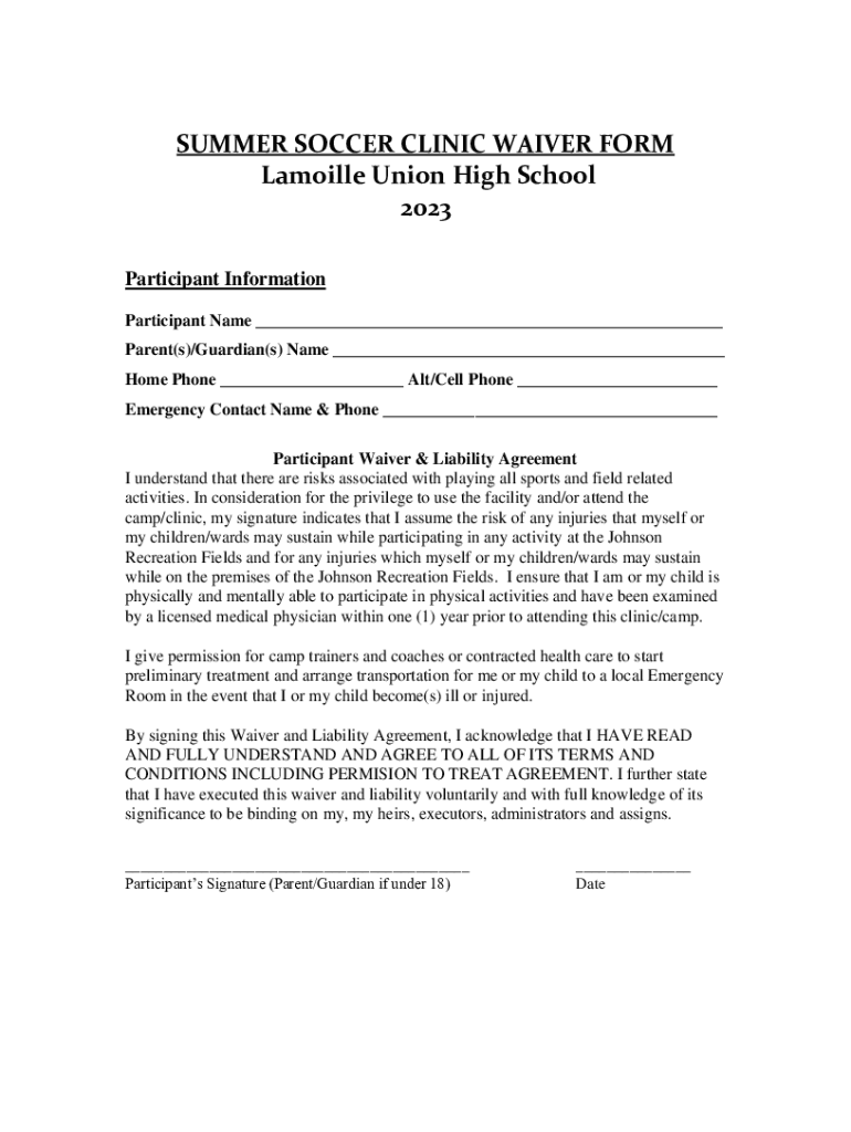 Fillable Online SUMMER SOCCER CAMP WAIVER FORM Fax Email Print - pdfFiller