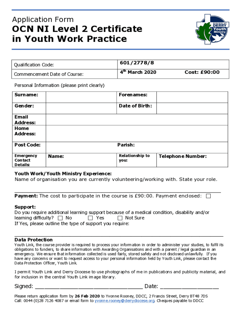 Fillable Online OCN NI Level 2 Certificate in Youth Work Practice Fax ...