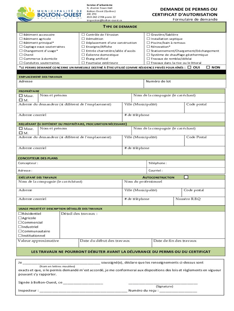 Remplissable En Ligne DEMANDE DE PERMIS OU CERTIFICAT D'AUTORISATION Fax Email Imprimer - pdfFiller