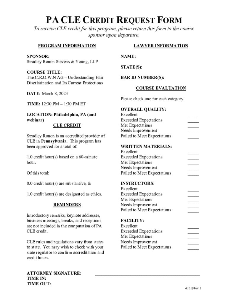 Fillable Online PA CLE CREDIT REQUEST FORM Fax Email Print - pdfFiller