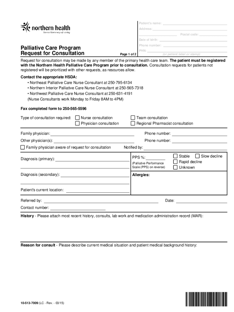 Fillable Online Palliative Care Program Request for Consulatation Fax ...