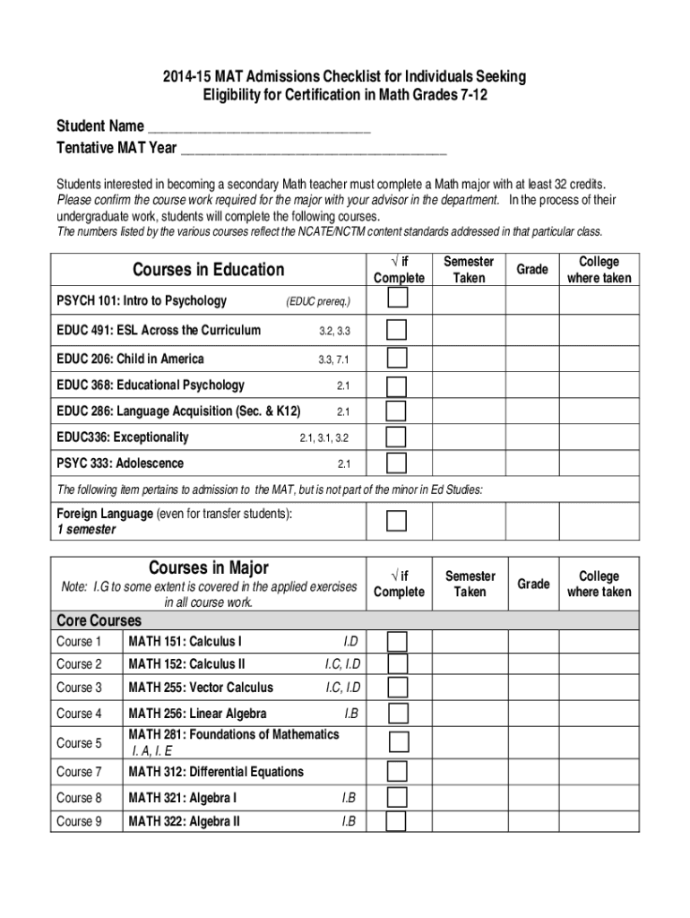 Fillable Online Advising Checklist for Students completing an Education ...
