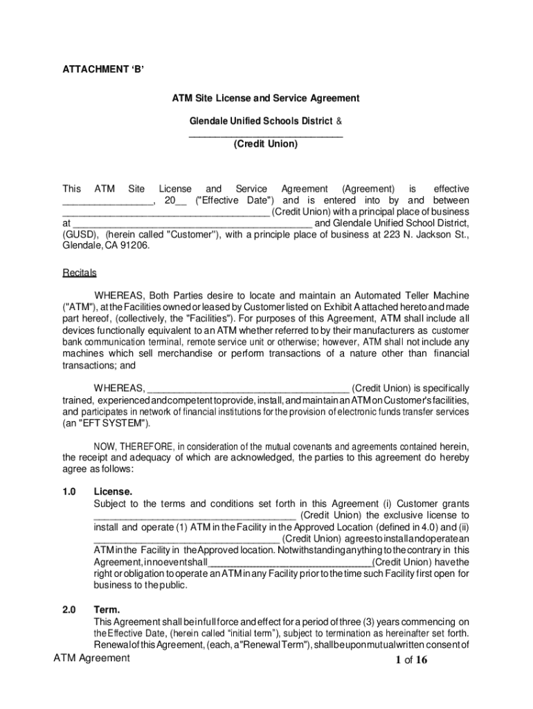 Fillable Online ATM Agreement 1 of 16 Fax Email Print - pdfFiller
