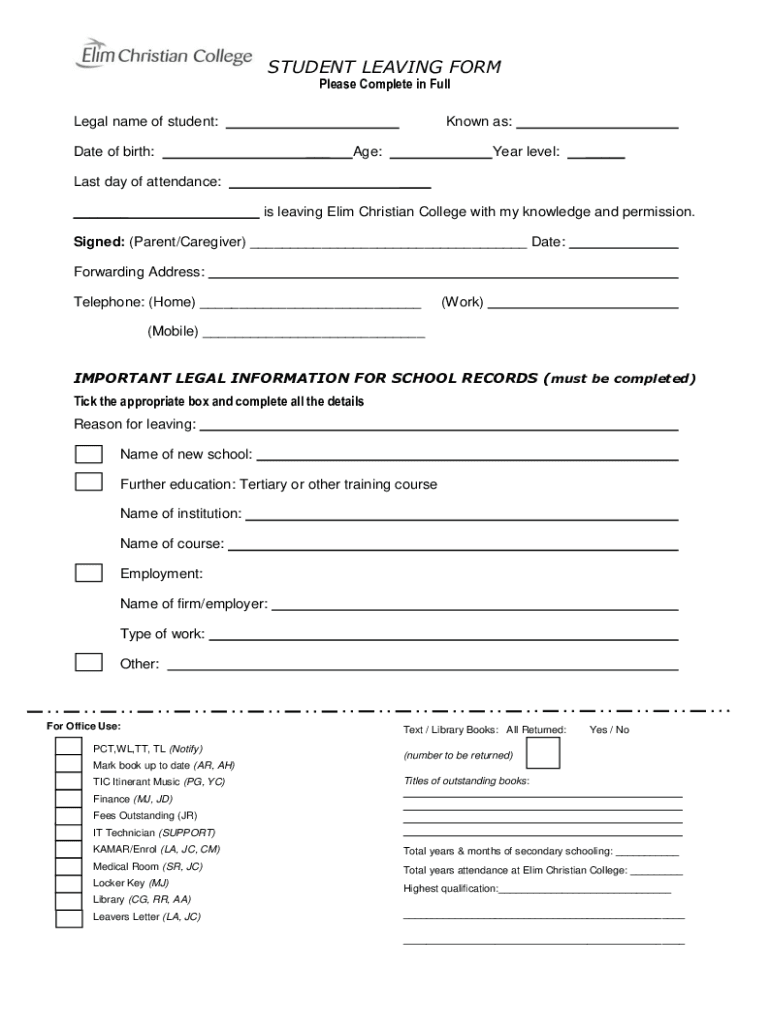 Fillable Online STUDENT LEAVING FORM Fax Email Print - pdfFiller