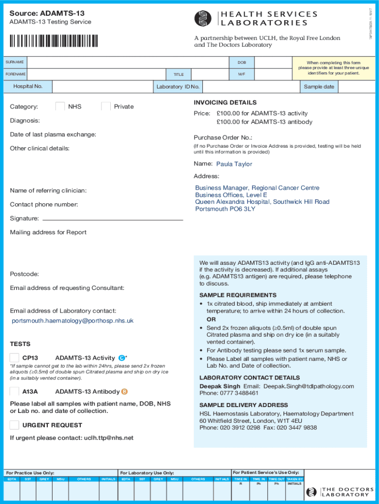 Fillable Online ADAMTS13 Test and/or PLASMIC Clinical Score in ... Fax ...