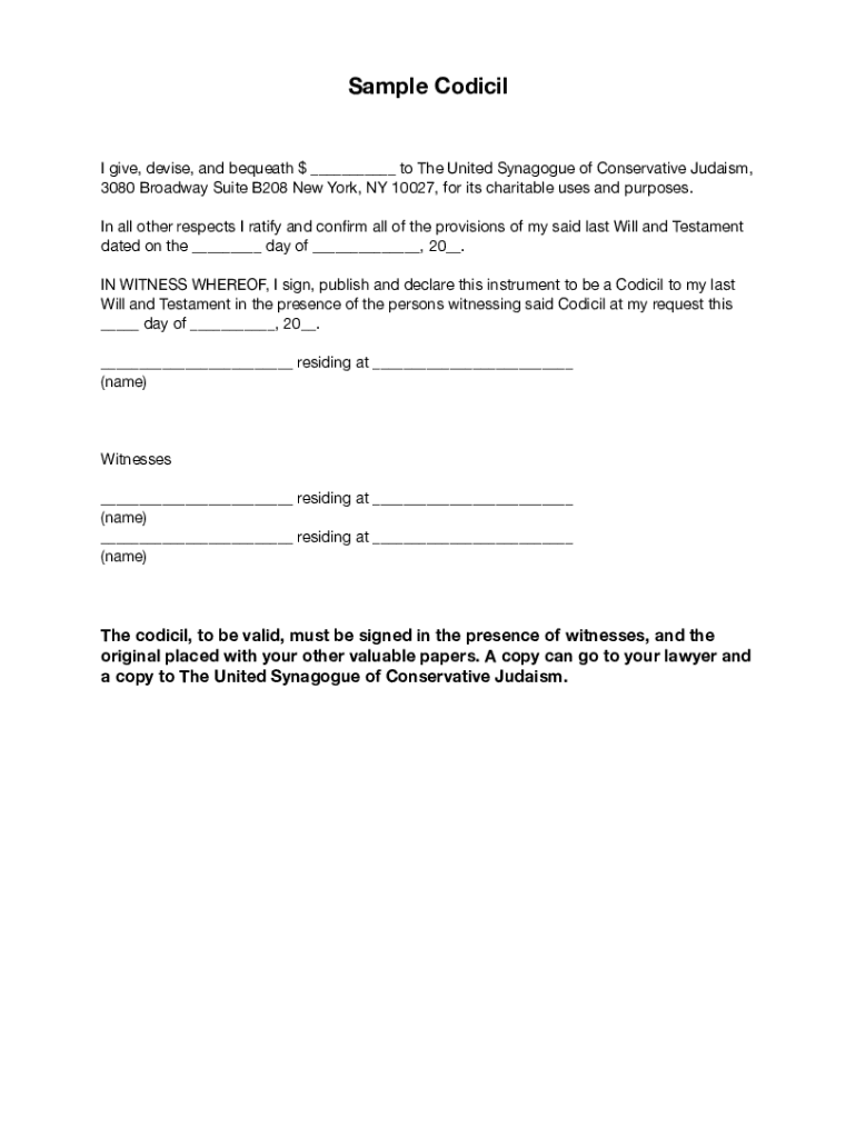 Fillable Online Sample Codicil - United Synagogues of Conservative ...
