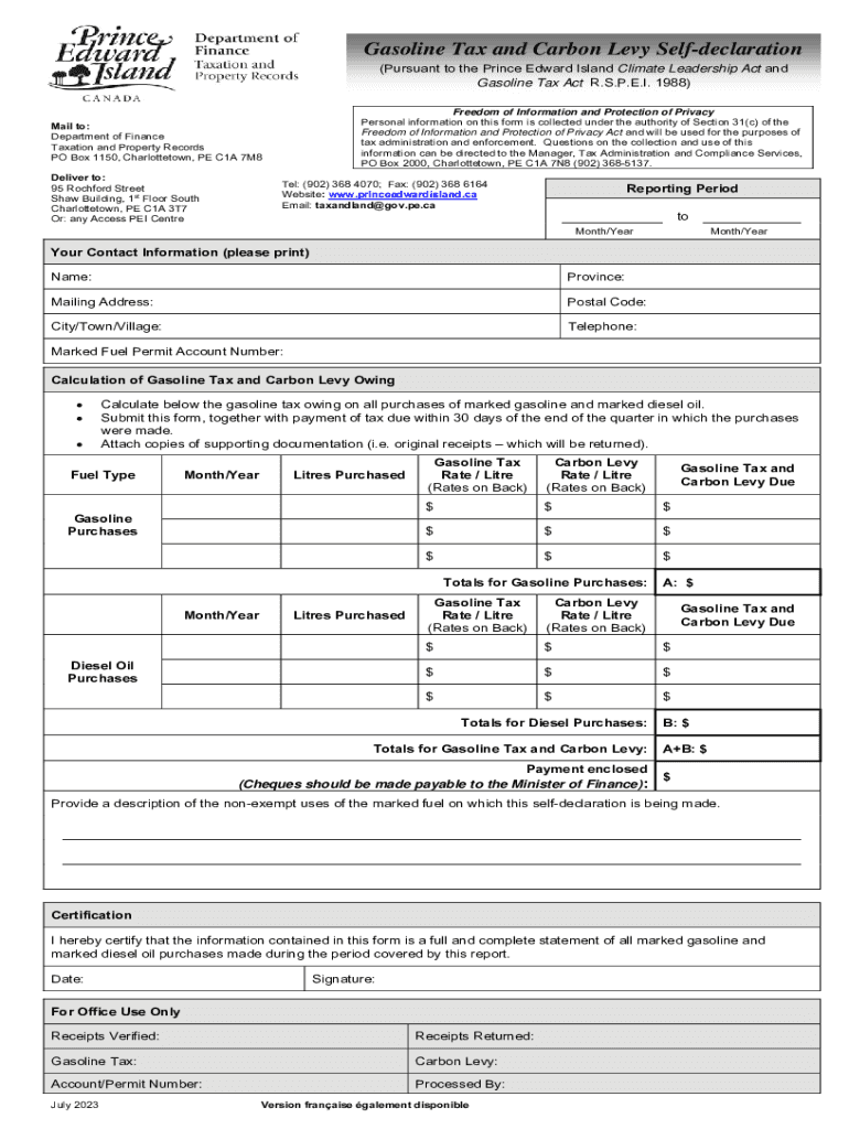 Fillable Online Marked Fuel Gasoline Tax and Carbon Levy Self ...