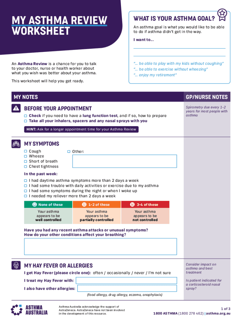 Fillable Online MY ASTHMA REVIEW WORKSHEET Fax Email Print - pdfFiller
