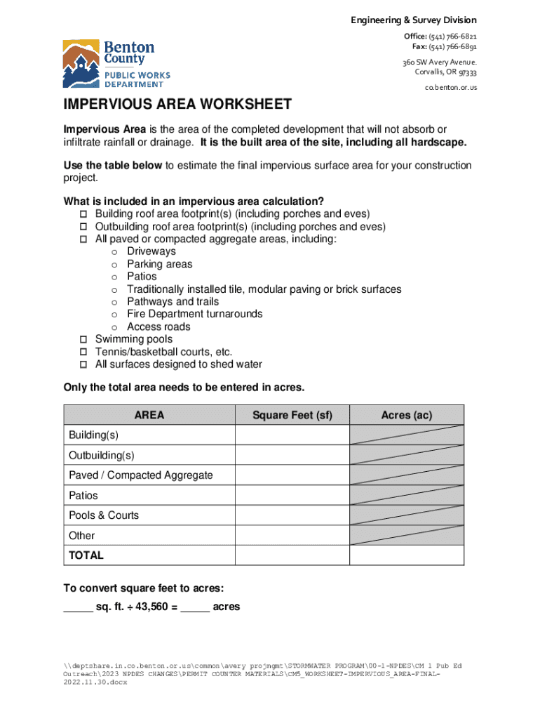 Fillable Online IMPERVIOUS AREA WORKSHEET Fax Email Print - pdfFiller Fillable Online IMPERVIOUS AREA WORKSHEET Fax Email Print - pdfFiller