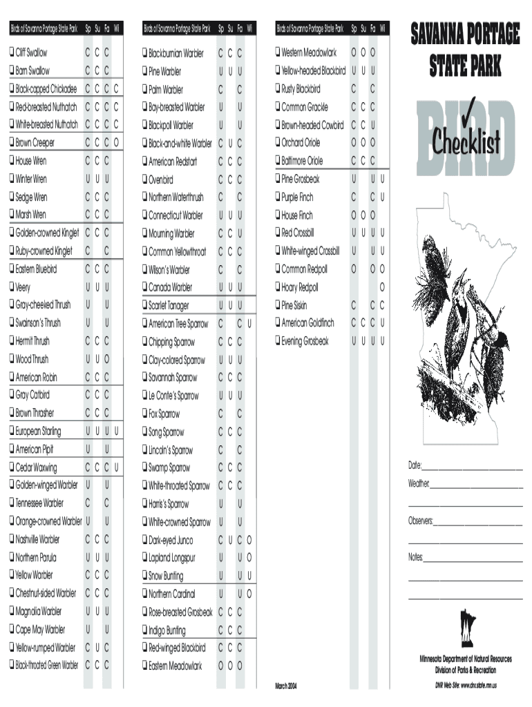 Fillable Online files dnr state mn Savanna Portage State Park bird ...