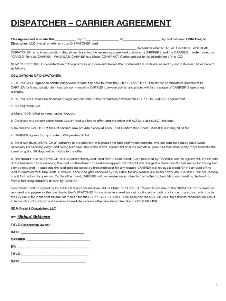 Fillable Online Independent Freight Dispatcher and Carrier AgreementPDF Fax Email Print - pdfFiller