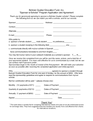 Fillable Online Sponsor-a-Scholar Program Application and Agreement Fax ...