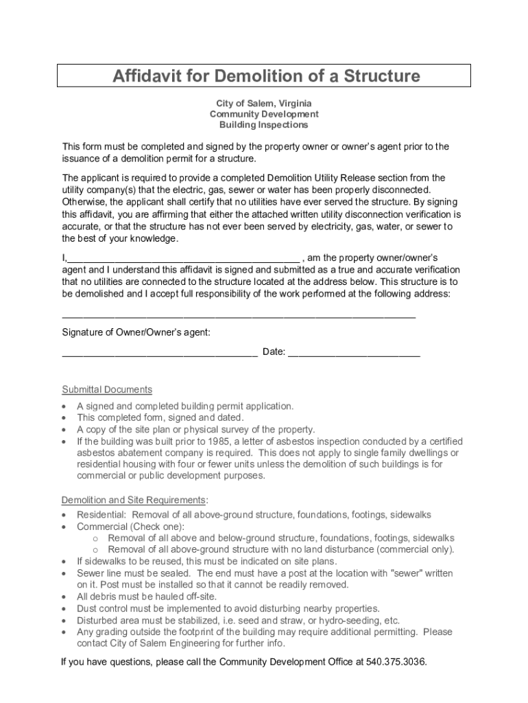 Fillable Online Affidavit for Demolition of a Structure Salem, VA Fax ...