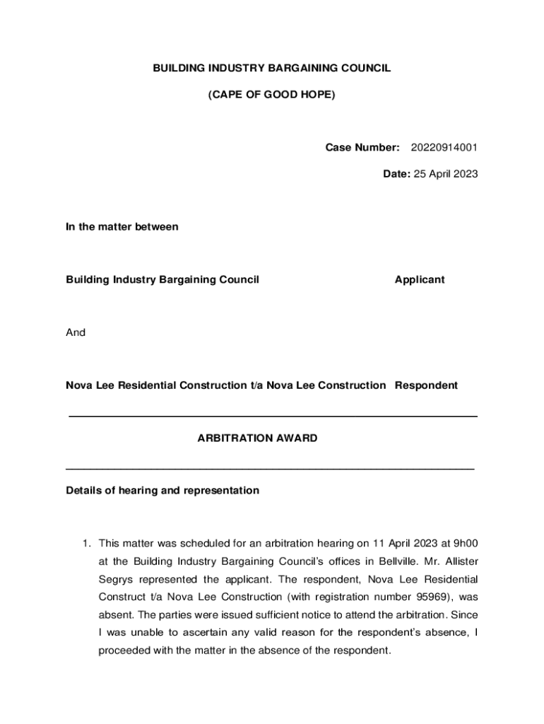 Fillable Online Building Industry Bargaining Council (Cape of Good Hope ...
