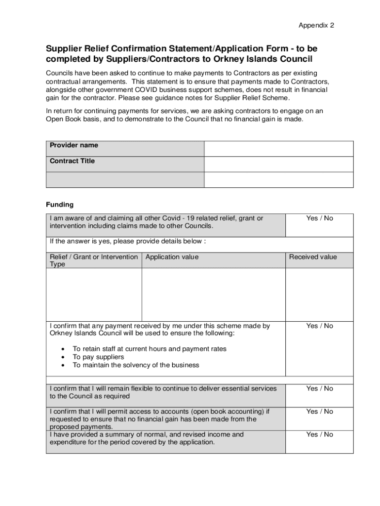 Fillable Online Supplier Relief Confirmation Statement/Application Form ...