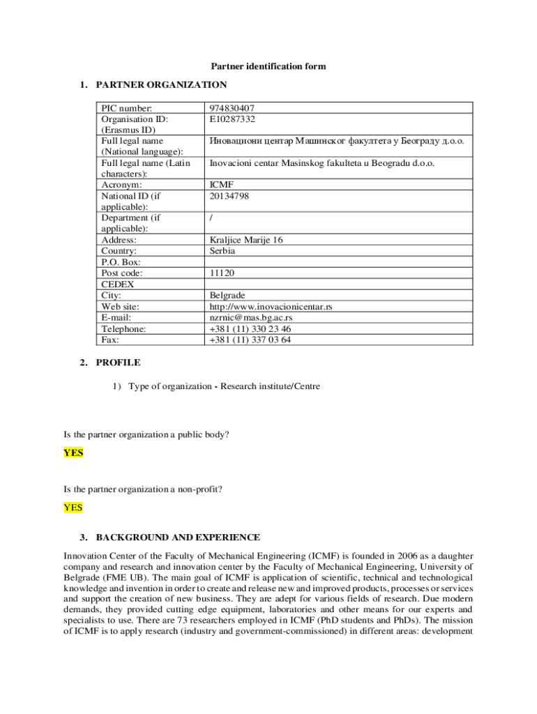 Fillable Online Partner identification form 1. PARTNER ORGANIZATION PIC ...
