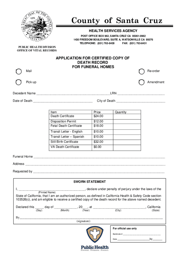 Fillable Online HSA Public Health Department Birth and Death ...