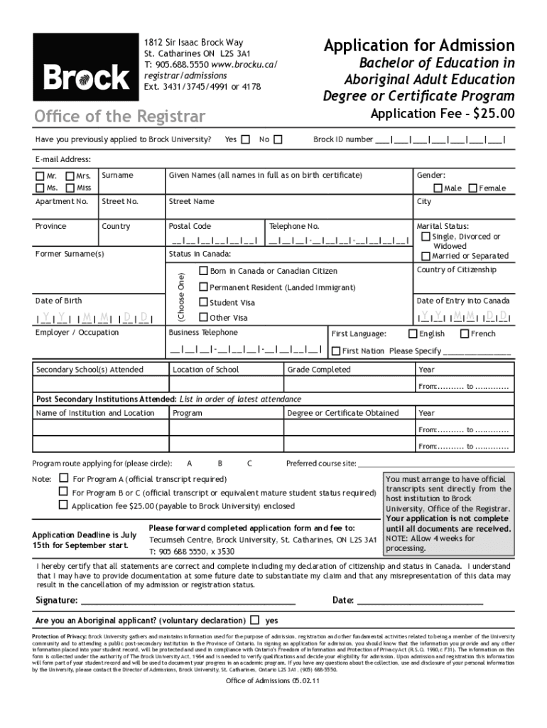 Fillable Online Application for Admission BEd Aboriginal Adult ...