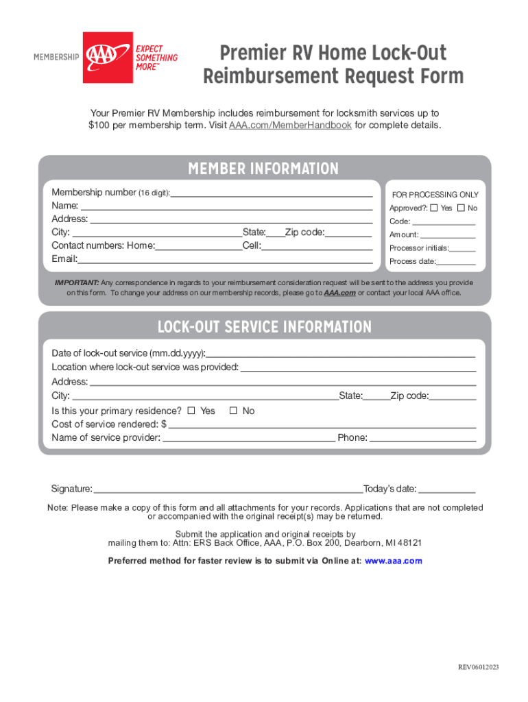 Fillable Online Premier RV Home Lock-Out Reimbursement Request Form Fax ...