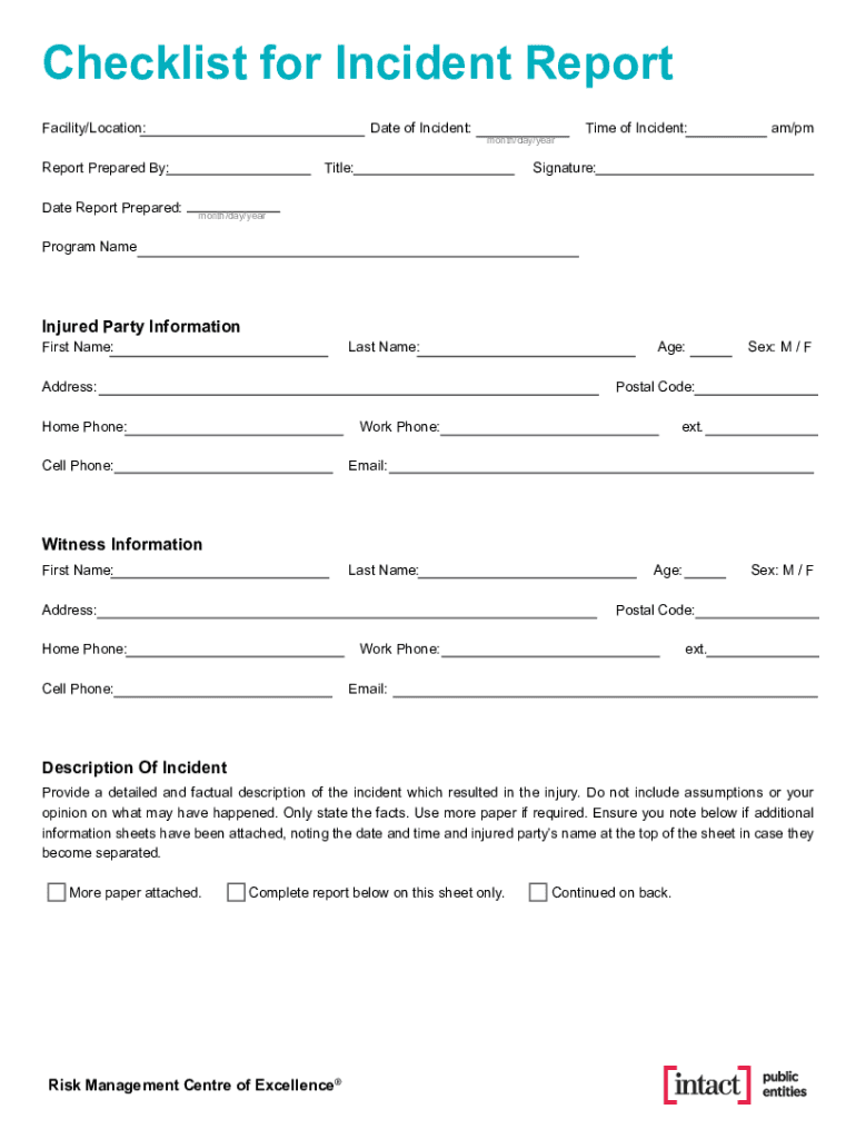 Fillable Online Checklist for Incident Report. Checklist for Incident ...