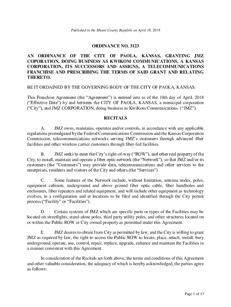 Fillable Online ORDINANCE NO. 3123 AN ORDINANCE OF THE CITY OF PAOLA ... Fax Email Print - pdfFiller