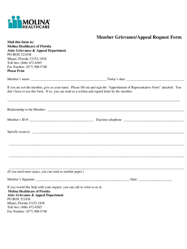 Fillable Online Fillable Online Member Grievance/Appeal Request Form ... Fax Email Print - pdfFiller