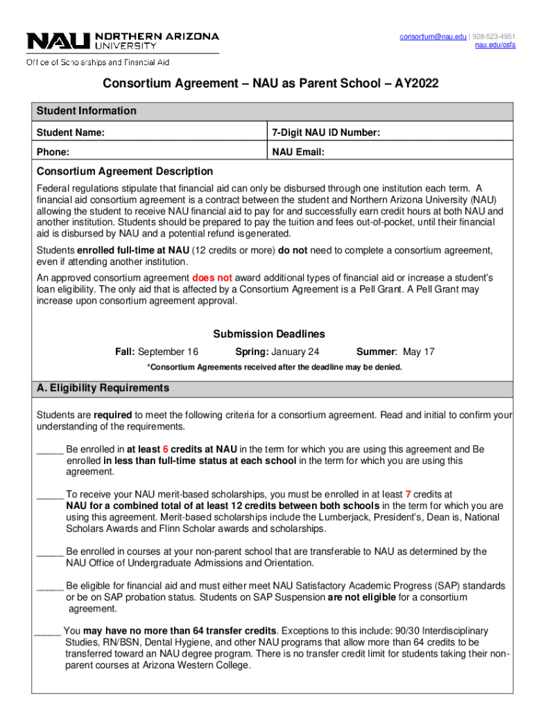 Fillable Online Consortium Agreement NAU as Parent School AY2022 Fax ...