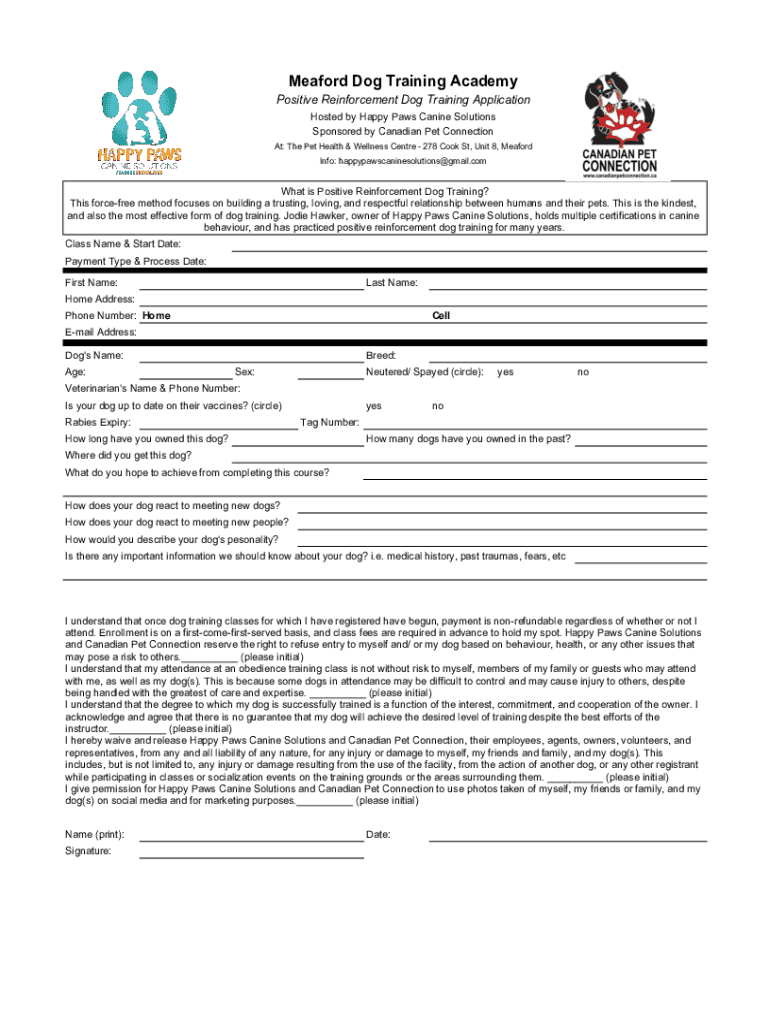 Fillable Online Positive Reinforcement Dog Training Application Fax ...