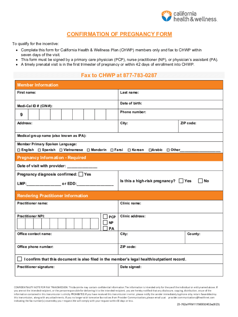 Fillable Online CONFIRMATION OF PREGNANCY FORM. FRM1175600EH02w23-762a ...