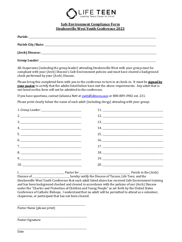 Fillable Online Safe Environment Compliance Form Steubenville West 2023 Fax Email Print - pdfFiller