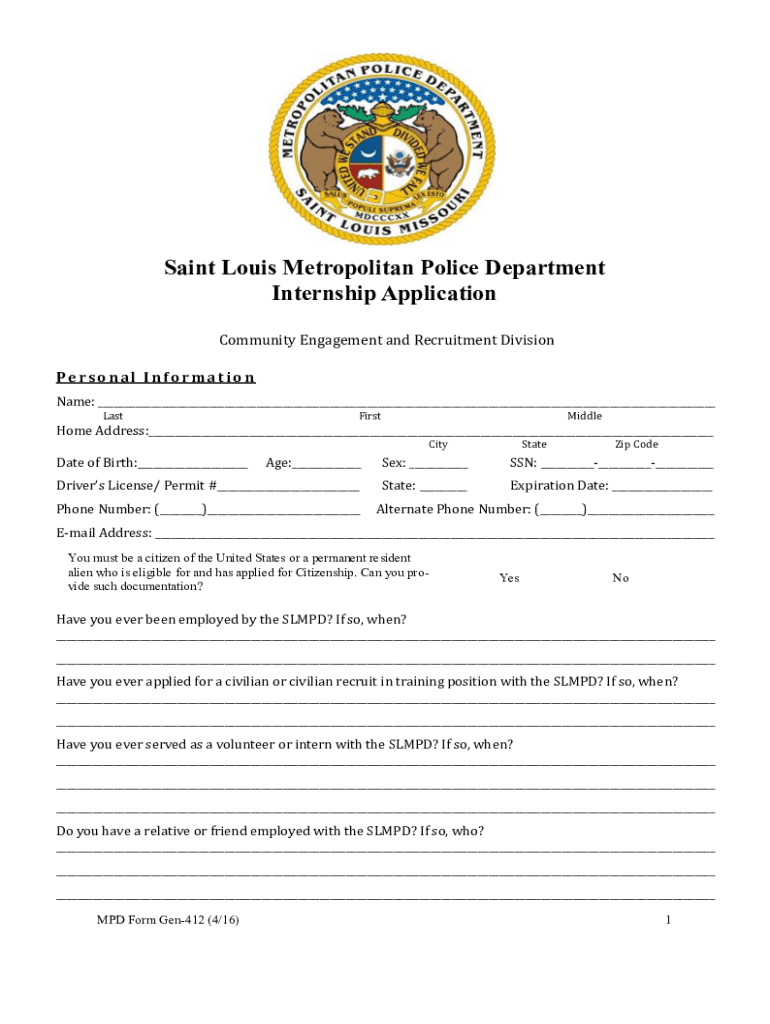 Fillable Online Saint Louis Metropolitan Police Department Internship ...