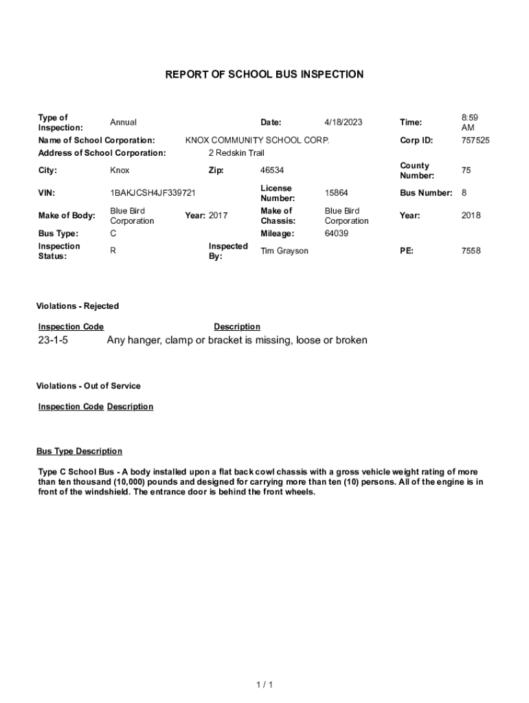 Fillable Online secure in REPORT OF SCHOOL BUS INSPECTION 23-1-5 Any ...