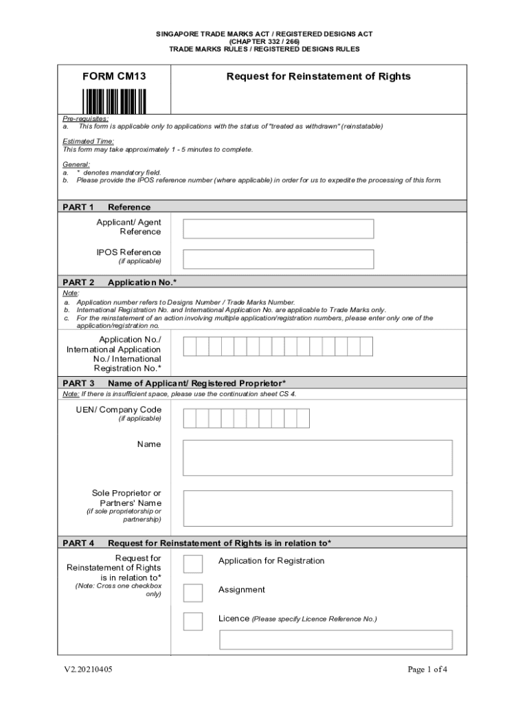 Fillable Online FORM CM13 Request for Reinstatement of Rights Fax Email ...