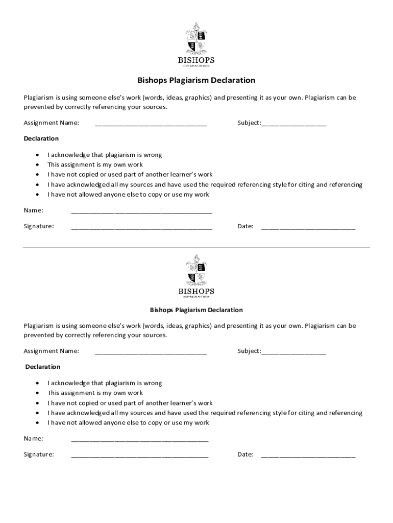 Fillable Online learning bishops org Bishops Group Work Plagiarism ...