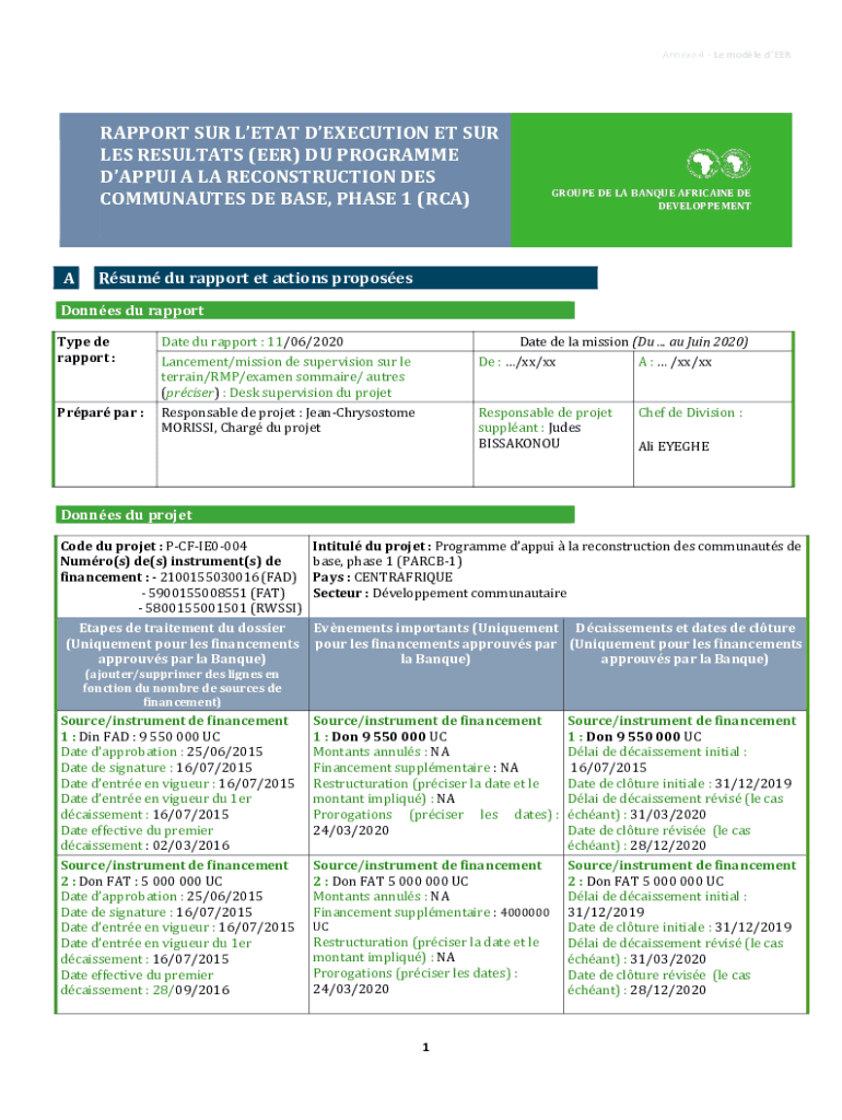 Remplissable En Ligne rapport sur l'etat d'execution et sur les resultats (eer) du ... Fax Email ...
