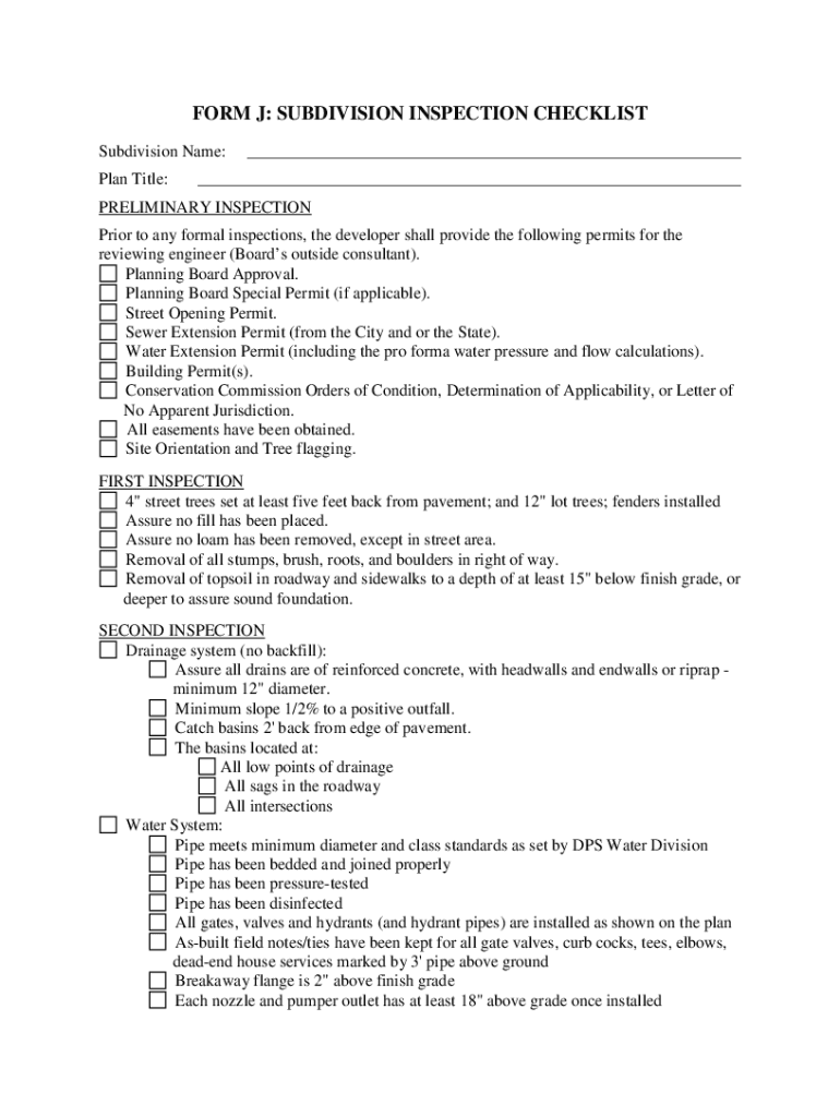 Fillable Online FORM J: SUBDIVISION INSPECTION CHECKLIST Fax Email ...