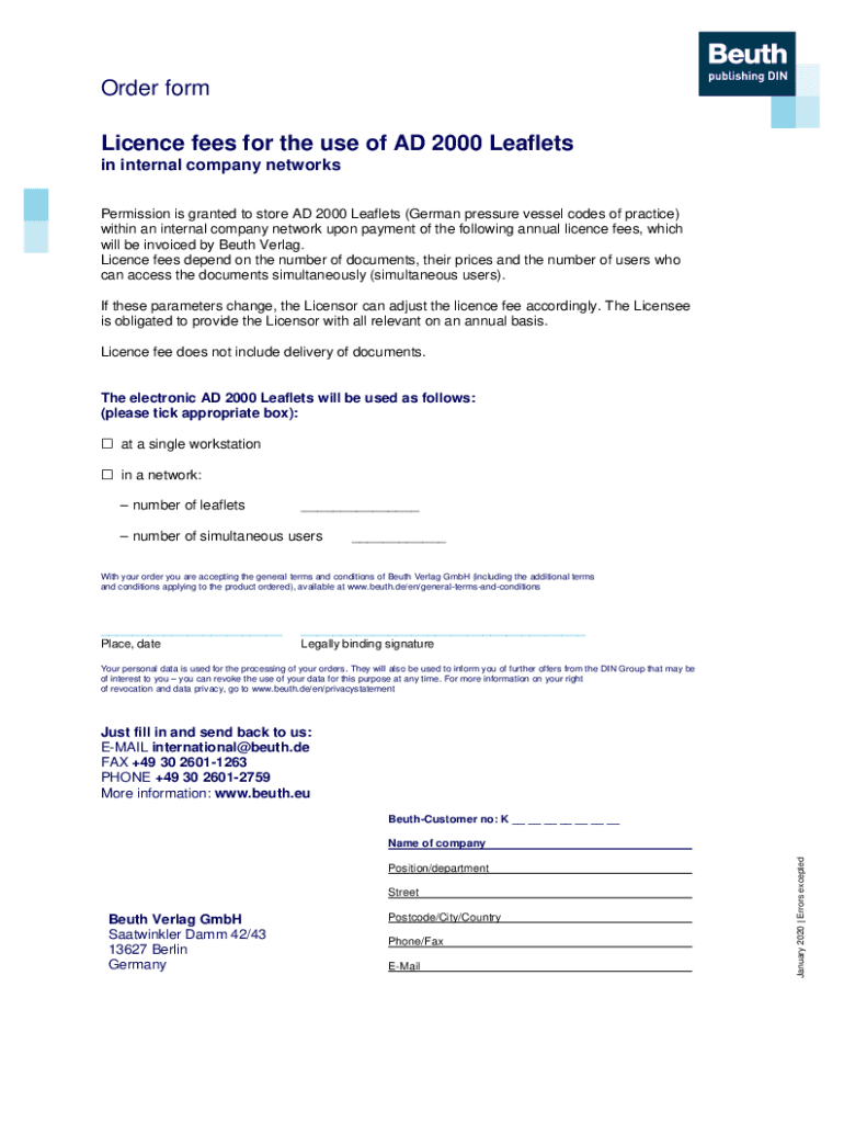 Fillable Online Order form Licence fees for the use of AD 2000 Leaflets ...