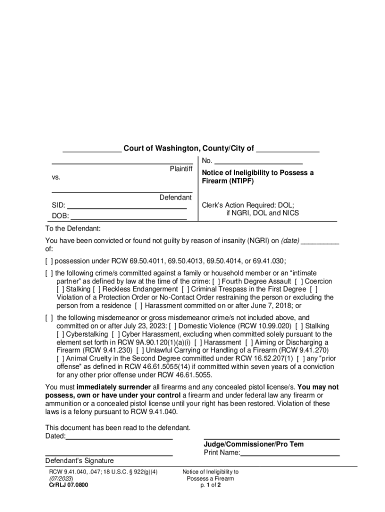 Fillable Online Notice of Ineligibility to Possess Firearm (NTIPF) Fax Email Print - pdfFiller